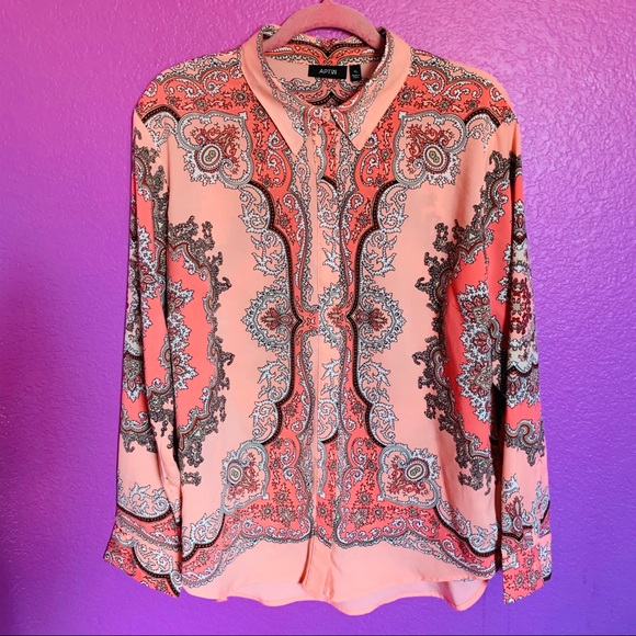 Apt. 9 | Tops | Silk Blouse In Corals Pinks Print Nwot Size Xl | Poshmark